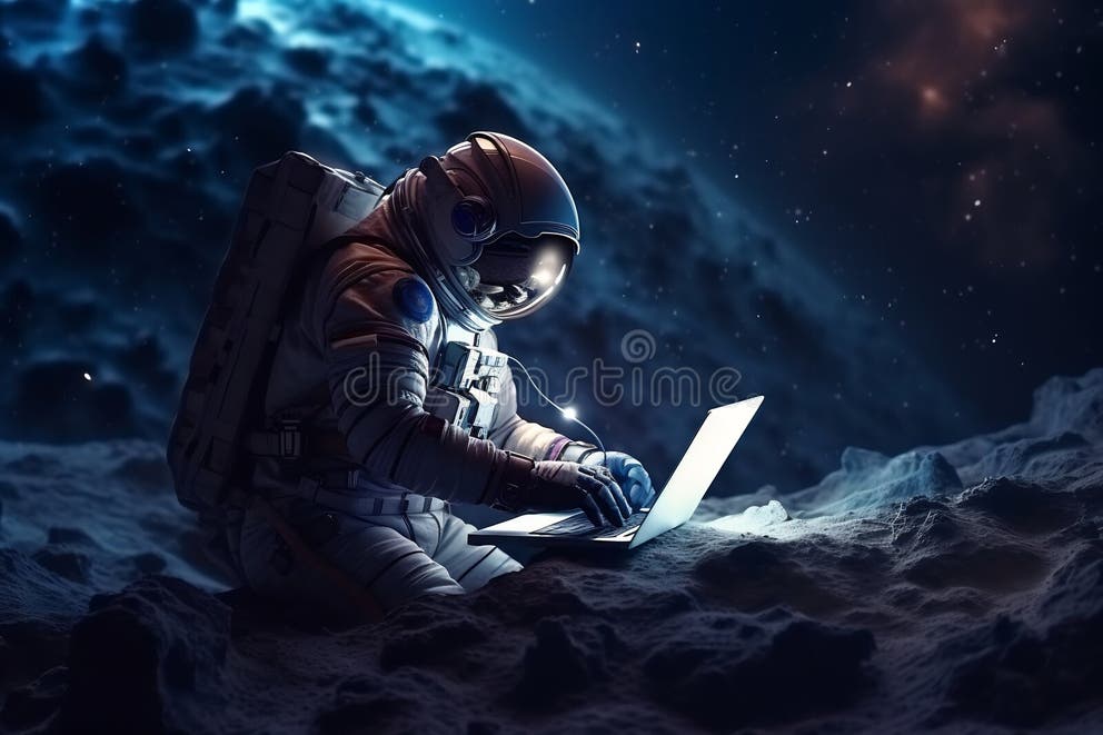 An Astronaut Works on His Laptop in Space. Stock Illustration ...