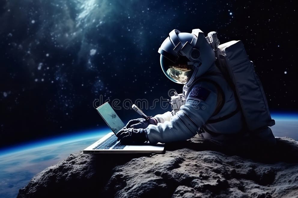 An Astronaut Works on His Laptop in Space Stock Illustration ...
