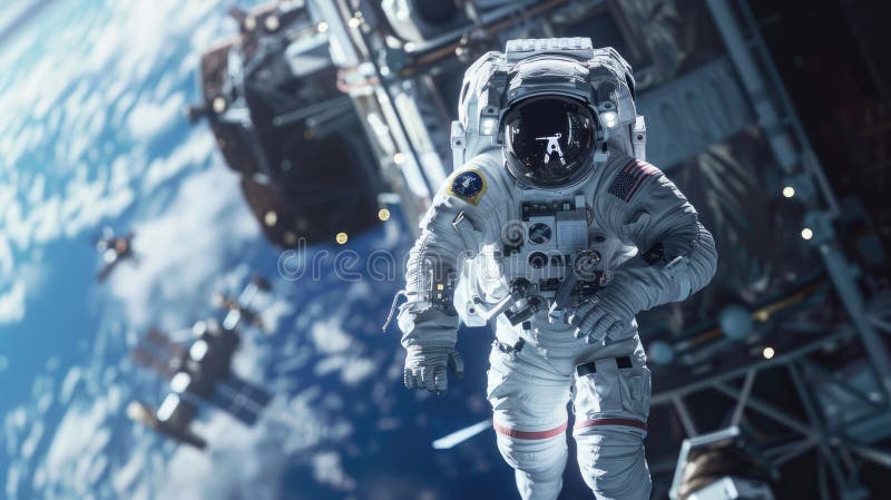 Astronaut in Zero Gravity Against Earth, Spaceman Floating Near Space ...