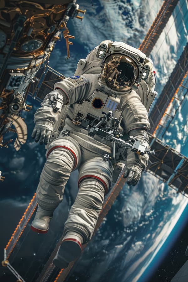 Astronaut in Zero Gravity Against Earth, Spaceman Floating Outside ...