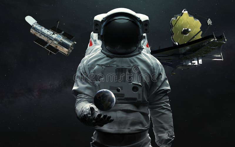 Astronauta Y Dos Telescopios James Webb Y Hubble. Arte De Lanzamiento ... Astronauta Y Dos Telescopios James Webb Y Hubble. Arte De Lanzamiento ...