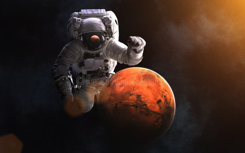 Astronauta En Marte Con Una Tierra Y Un Gran Planeta En Segundo Plano