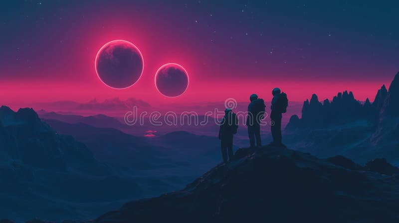 Astronauts on Alien Landscape with Red Moons Stock Illustration ...