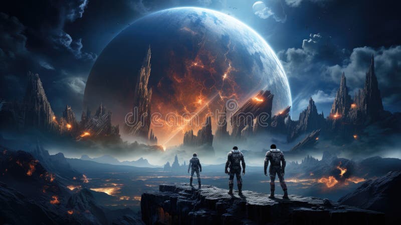 Astronauts in Alien World in Deep Space Looking at Strange Planet Stock ...