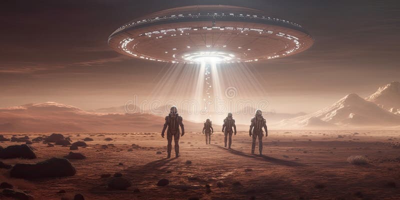 Astronauts on Another Planet and Alien Ship. Stock Illustration ...