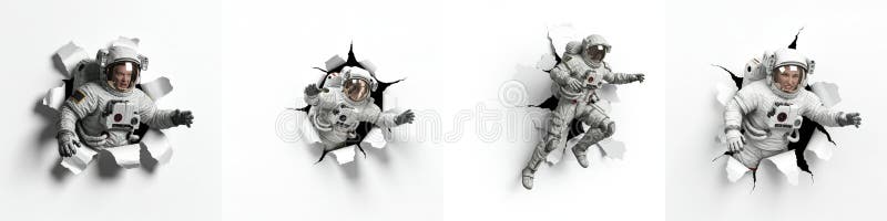 Astronauts Breaking through Paper Four Astronauts Burst from Paper ...