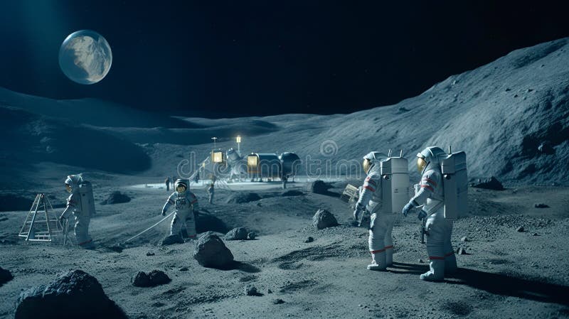 Astronauts Bulding a Space Research Investigation Moon Station, Space ...