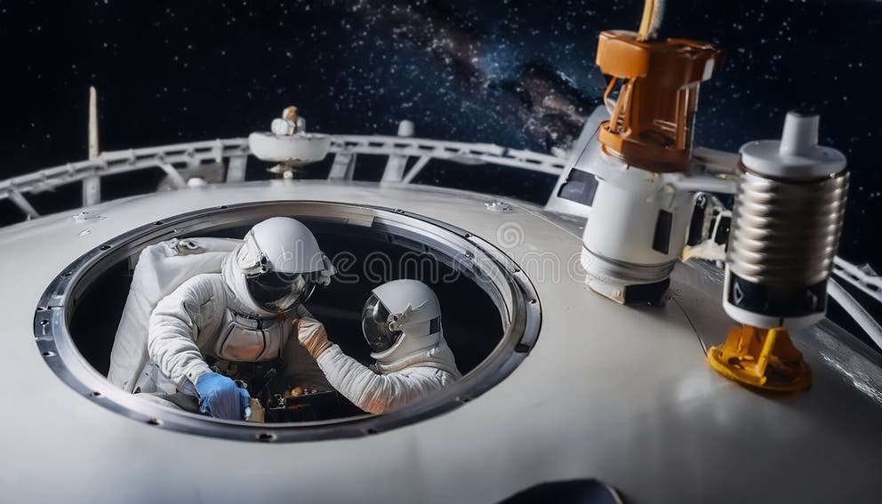 Astronauts Conduct Maintenance Work on an External Space Module during ...