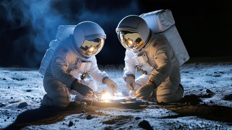 Astronauts Conducting Experiments on the Lunar Surface Stock ...