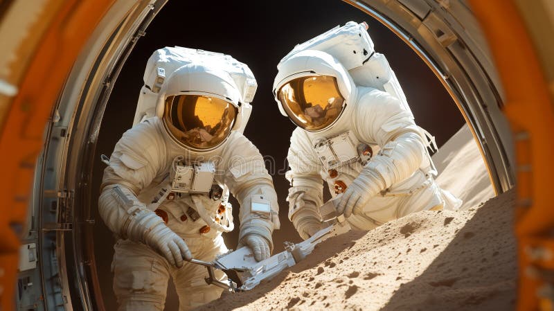 Astronauts Conducting Research on a Lunar Surface Stock Illustration ...