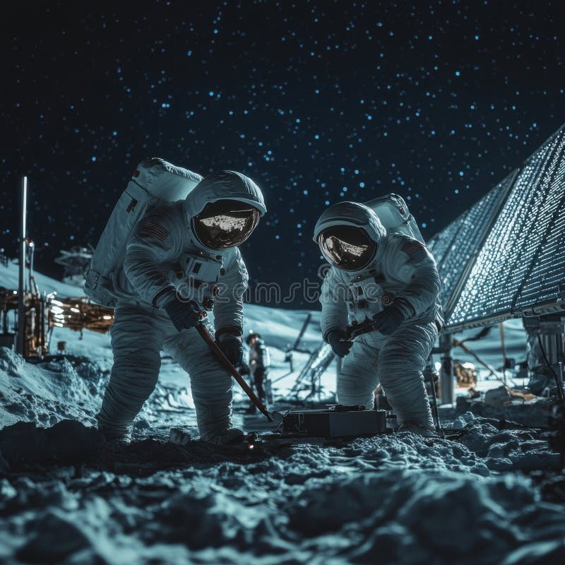 Astronauts Conducting Research on Lunar Surface Under Starry Sky Stock ...