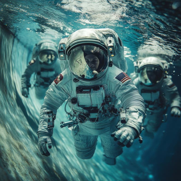 Astronauts Conducting Training Exercise Underwater in Space Simulation ...