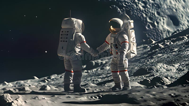 Astronauts Engaged in a Handshake on the Moons Surface Stock Footage ...
