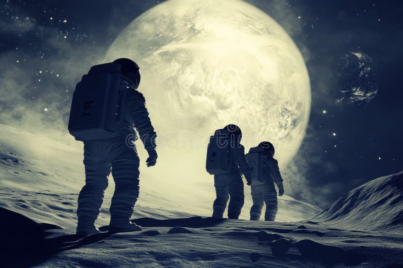 Astronauts Explore the Lunar Surface Under a Bright Full Moon at Night ...