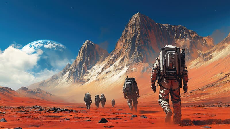 Astronauts Explore a Mars Like Landscape with Earth Visible in the Sky ...