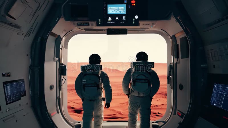 Astronauts Explore Mars Surface As Spaceship Hatch Opens To Rusty ...