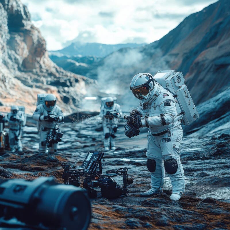Astronauts Exploring Alien Terrain with Advanced Technology Tools Stock ...