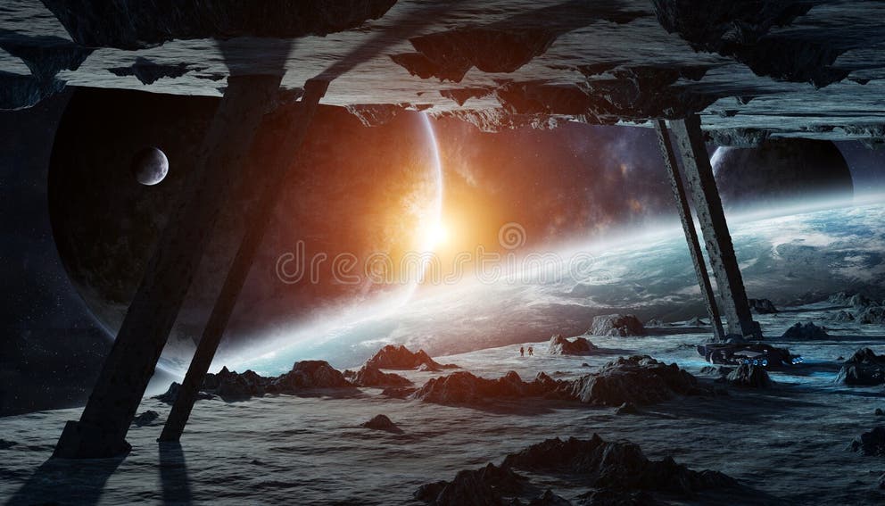 Astronauts Exploring an Asteroid Spaceship 3D Rendering Elements Stock Illustration ...