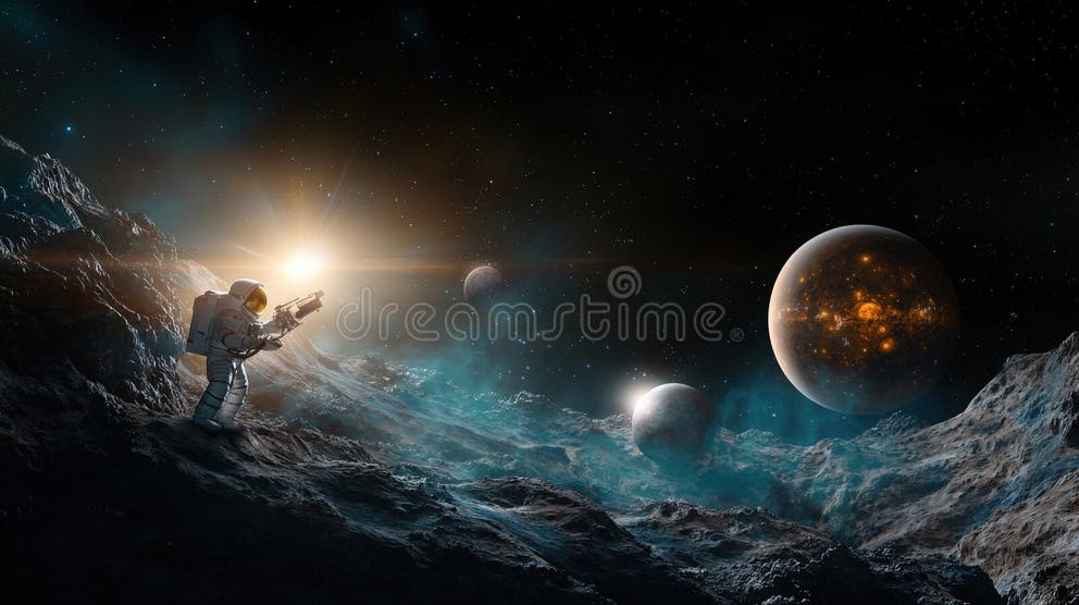 Astronauts Exploring a Cosmic Landscape Outer Space Digital Art Celestial Environment Wide Angle ...
