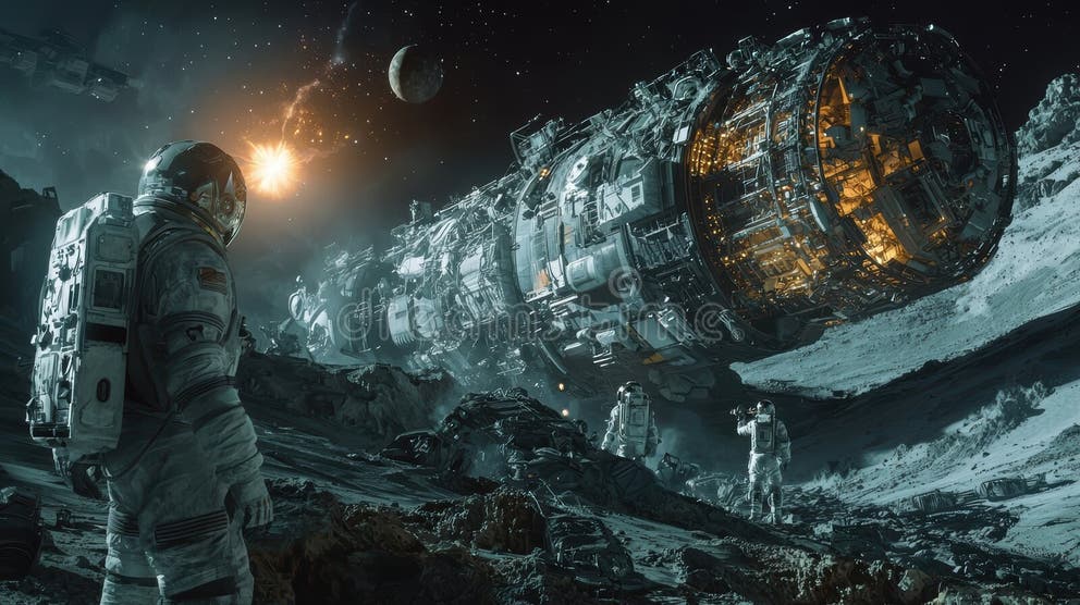 Astronauts Exploring Crashed Spaceship on Alien Planet Stock Illustration - Illustration of ...