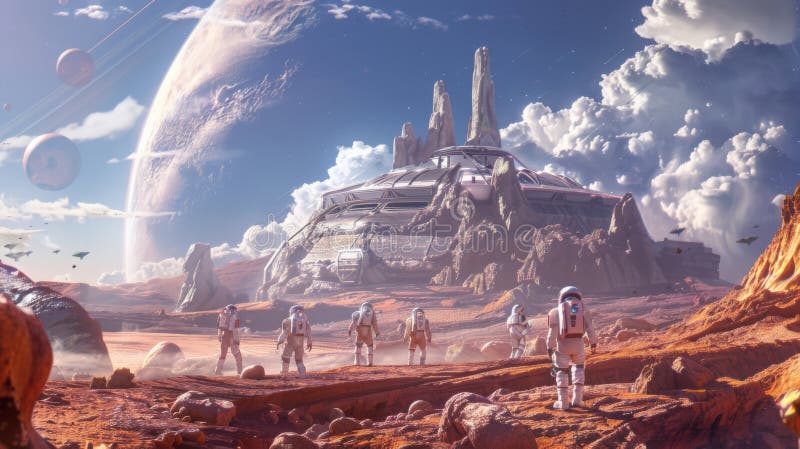 Astronauts Exploring Futuristic Mars Colony in Distant Desert Landscape ... Astronauts Exploring Futuristic Mars Colony in Distant Desert Landscape ...