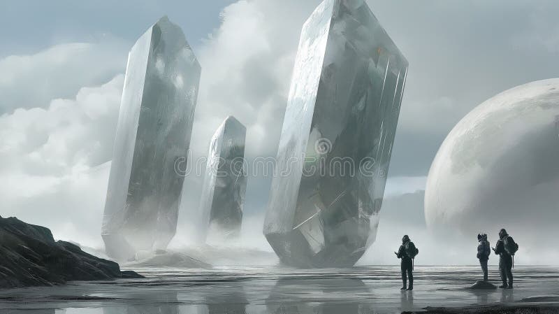 Astronauts Exploring Giant Floating Crystals on an Alien Planet. Stock ...