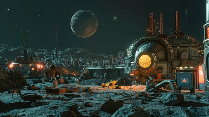 Astronauts Exploring Lunar Base at Night with Moon in Background Stock ...