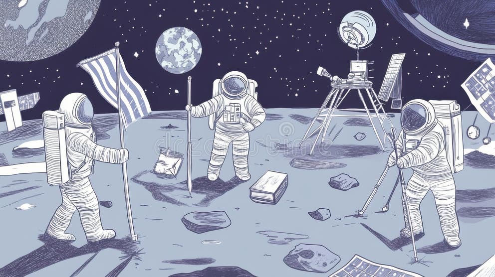 Astronauts Exploring a Lunar Surface Setting Up a Flag with a Lander ...