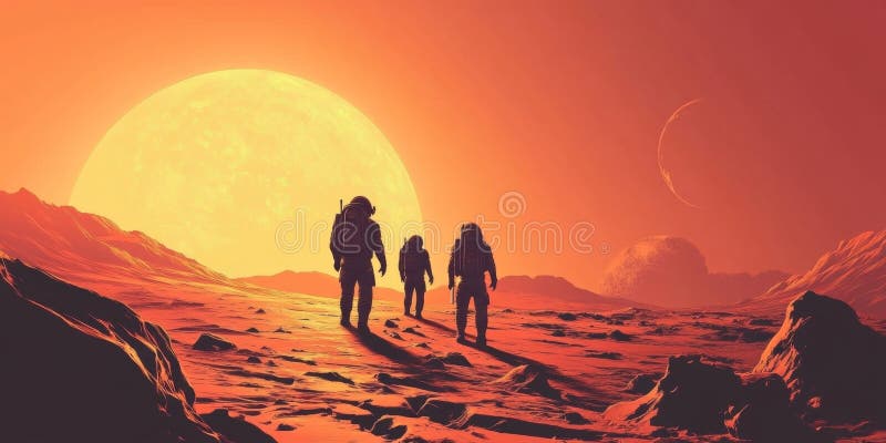 Astronauts Exploring the Surface of Mars during a Vibrant Sunset with ...