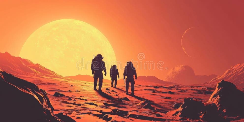 Astronauts Exploring the Surface of Mars during a Vibrant Sunset with ...