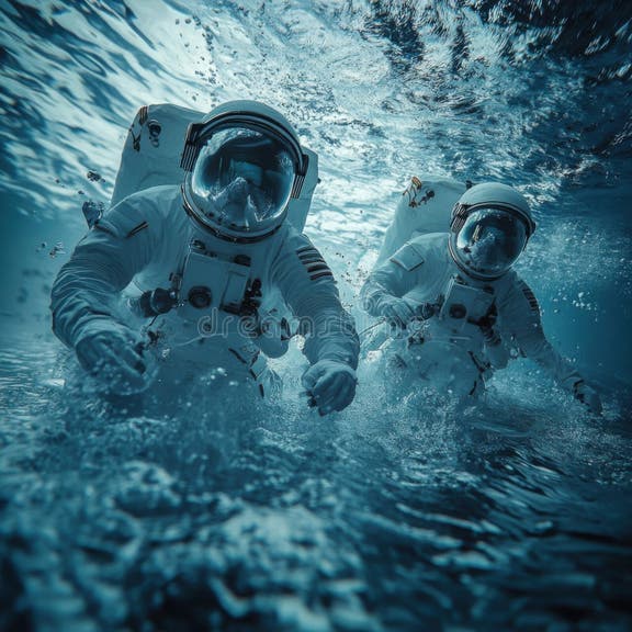 Astronauts Exploring Underwater in Space Suits Surrounded by Bubbles ...