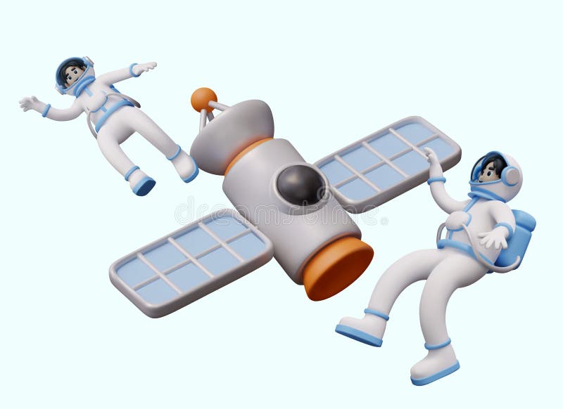 Astronauts Float in Weightlessness Near Satellite. Space Station with ...