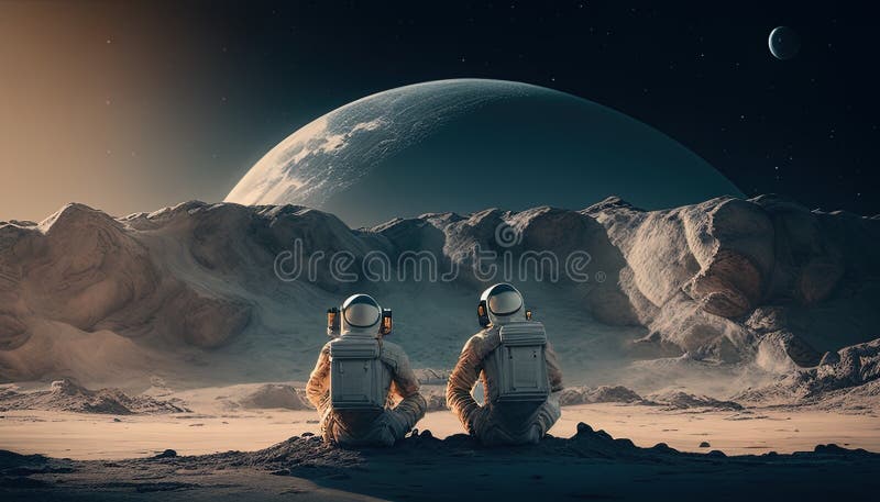 Astronauts and Friend Sitting on the Surface of the Moon Digital Art ...