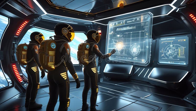 Astronauts in a Futuristic Spacecraft Analyzing Digital Navigation ...