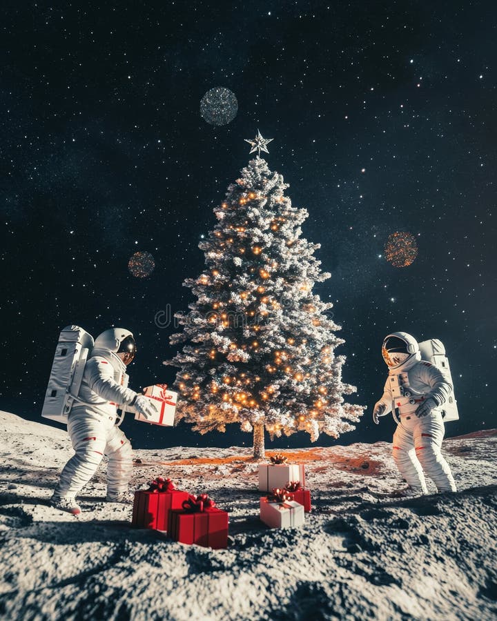 Astronauts Celebrating Christmas on the Moon with a Floating Tree and ...