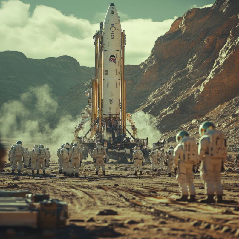 Astronauts Gather Near Rocket Launchpad on Alien Planet Landscape Stock ...