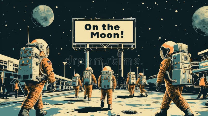 Astronauts Gathering at a Moon Base Under Twin Moons Stock Image ...
