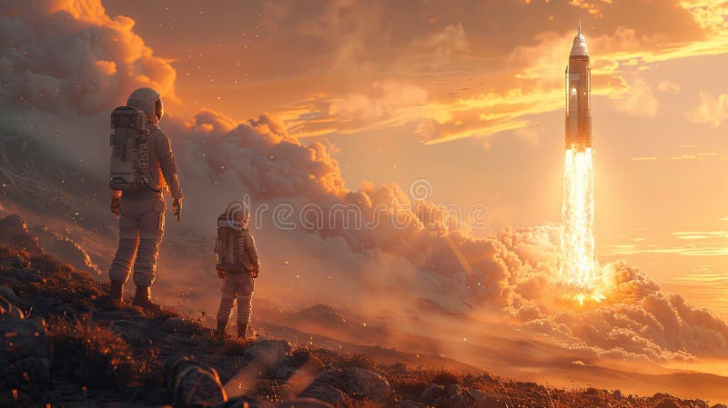 Astronauts Gaze at a Dramatic Rocket Launch. Stock Illustration ...
