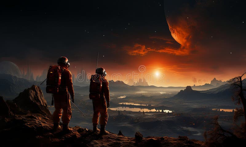 Astronauts Gazing at Phobos on Mountain Peak Stock Photo - Image of ...