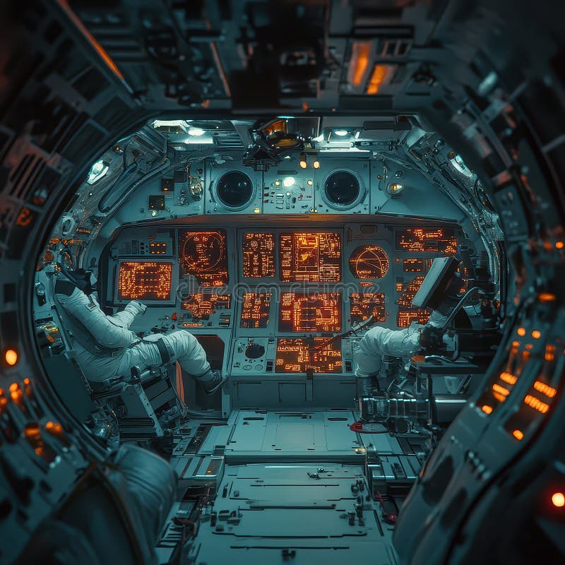 Astronauts in a High-Tech Spacecraft Interior Surrounded by Controls ...