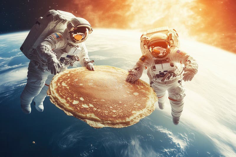 Astronauts Holding Giant Pancake during Spacewalk Over Planet Earth ...