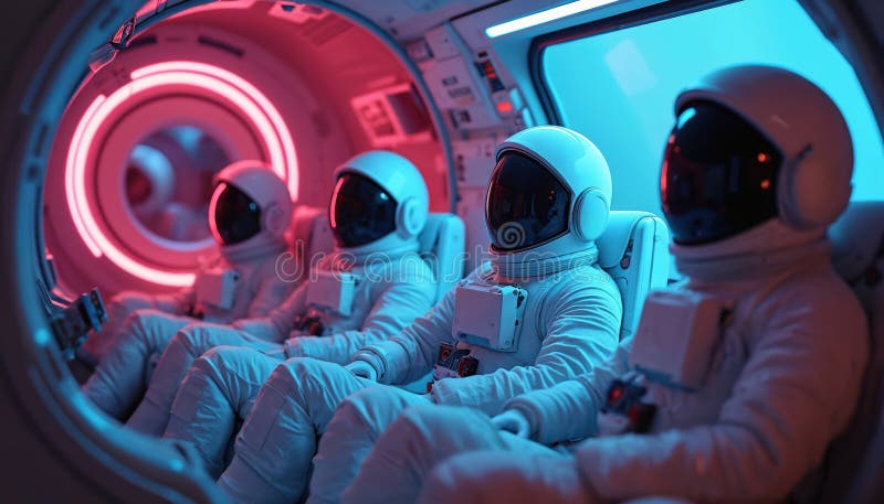 Astronauts Inside Spaceship during Space Mission. Crew in Space Suits ...