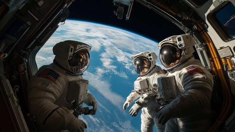 Astronauts Looking at Earth Planet from a Space Station during a ...