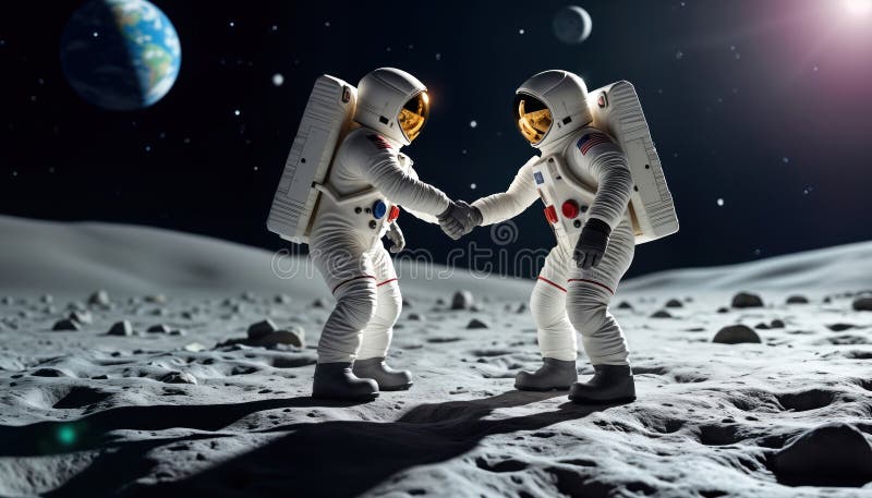 Astronauts on Moon Surface Exchange Handshake. Global Collaboration in ...