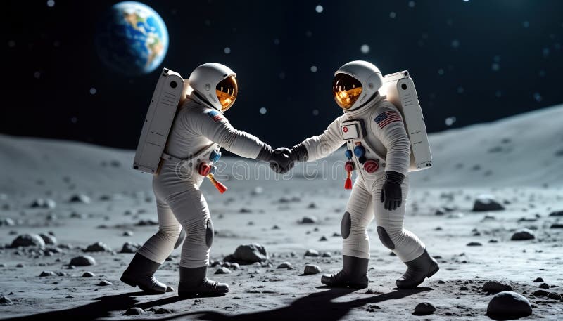 Astronauts on Moon Surface. International Collaboration. Shake Hands ...