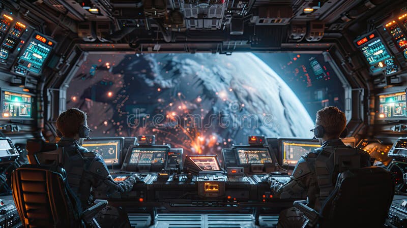 Astronauts Navigate through Space in a High-tech Cockpit. Stock ...