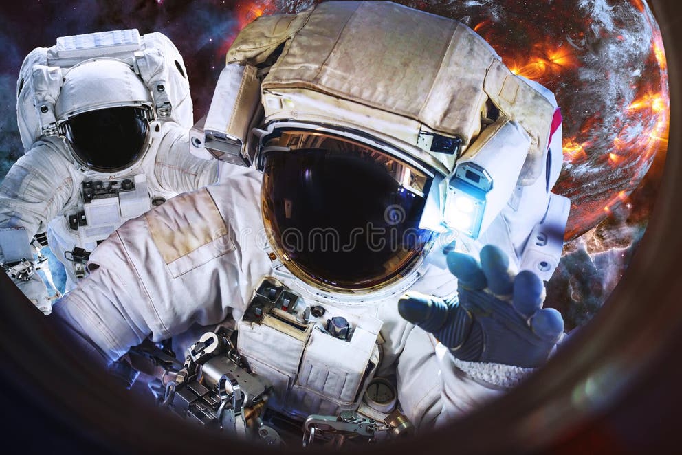Astronauts Near Eaxploding Planet with Earth in Space Stock Image ...