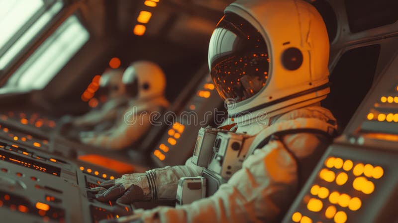 Astronauts Operating Controls in Spacecraft Stock Image - Image of ...