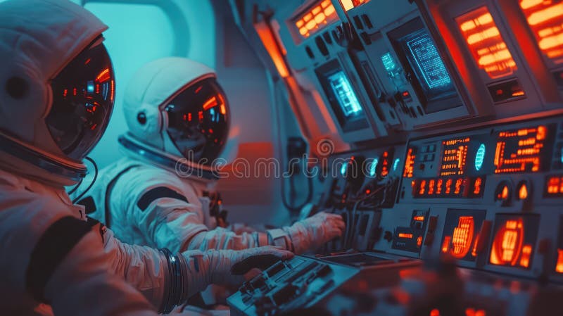 Astronauts Operating Controls in Spacecraft Stock Photo - Image of ...