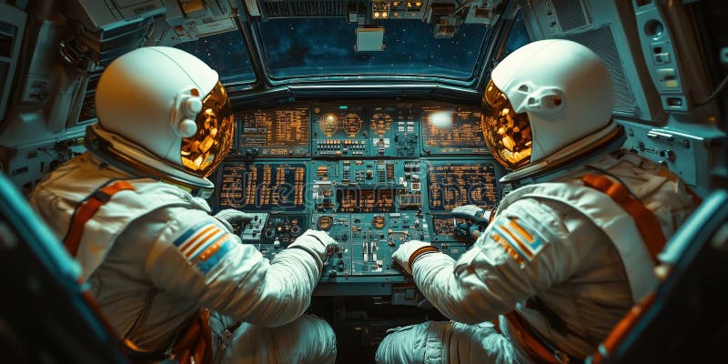 Astronauts Operating Spacecraft Cockpit with Advanced Controls and ...